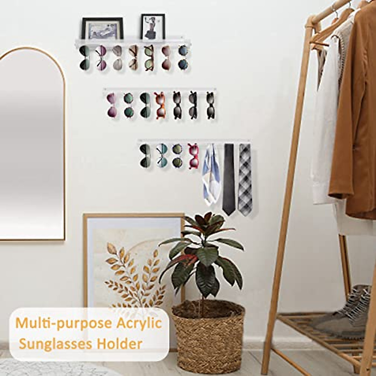 HONZUEN Acrylic Sunglasses Organizer 3 Pack, Clear Sunglasses Storage Holder Wall Mounted, Eyeglasses Holder Hanging Display Rack with Shelf, Eyewear Necklace Hanging for Entryway Living Room Bedroom