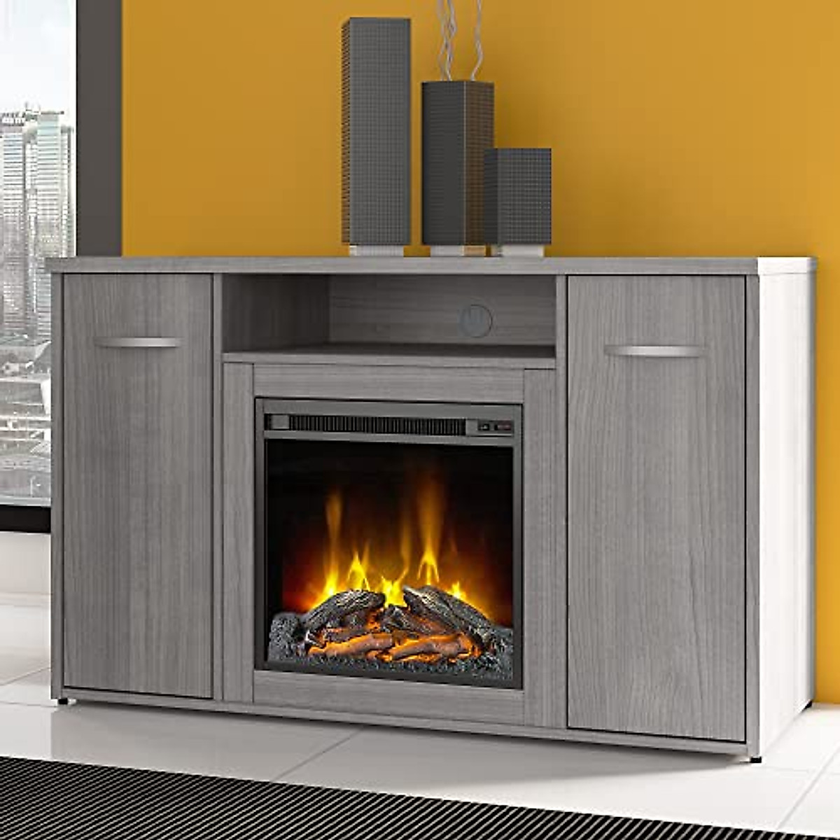 Bush Business Furniture Studio C Office Storage Cabinet with Doors and Electric Fireplace, 48W, Platinum Gray