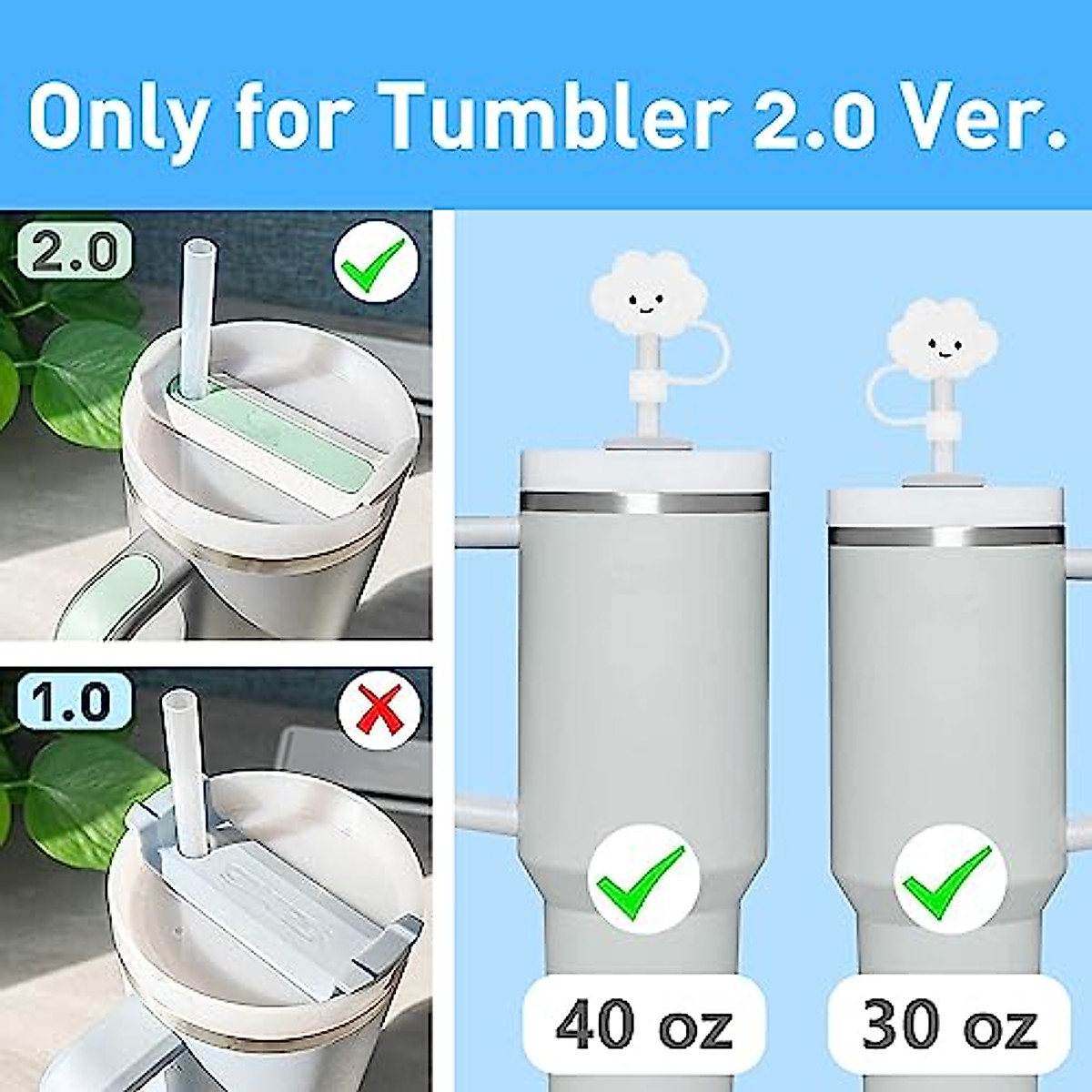 Silicone Spill Proof Stopper Set of 3 for Stanley Quencher H2.0 Flowstate Tumbler 40oz 30oz, 2 Pcs Could Straw Cover Cap + 2 Pcs Square Spill Stopper + 2 Pcs Round Leak Stopper