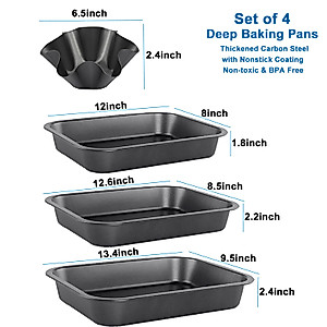 Acrux7 4 PCS Baking Pans Set, Nonstick Baking Pans & Bowl Set, Deep Metal Baking Sheet Pans, Rectangular Stackable Baking Trays, Cake Pans Sets for Oven (Black, 12x8, 12.6x8.5, 13.4x9.5 inch)
