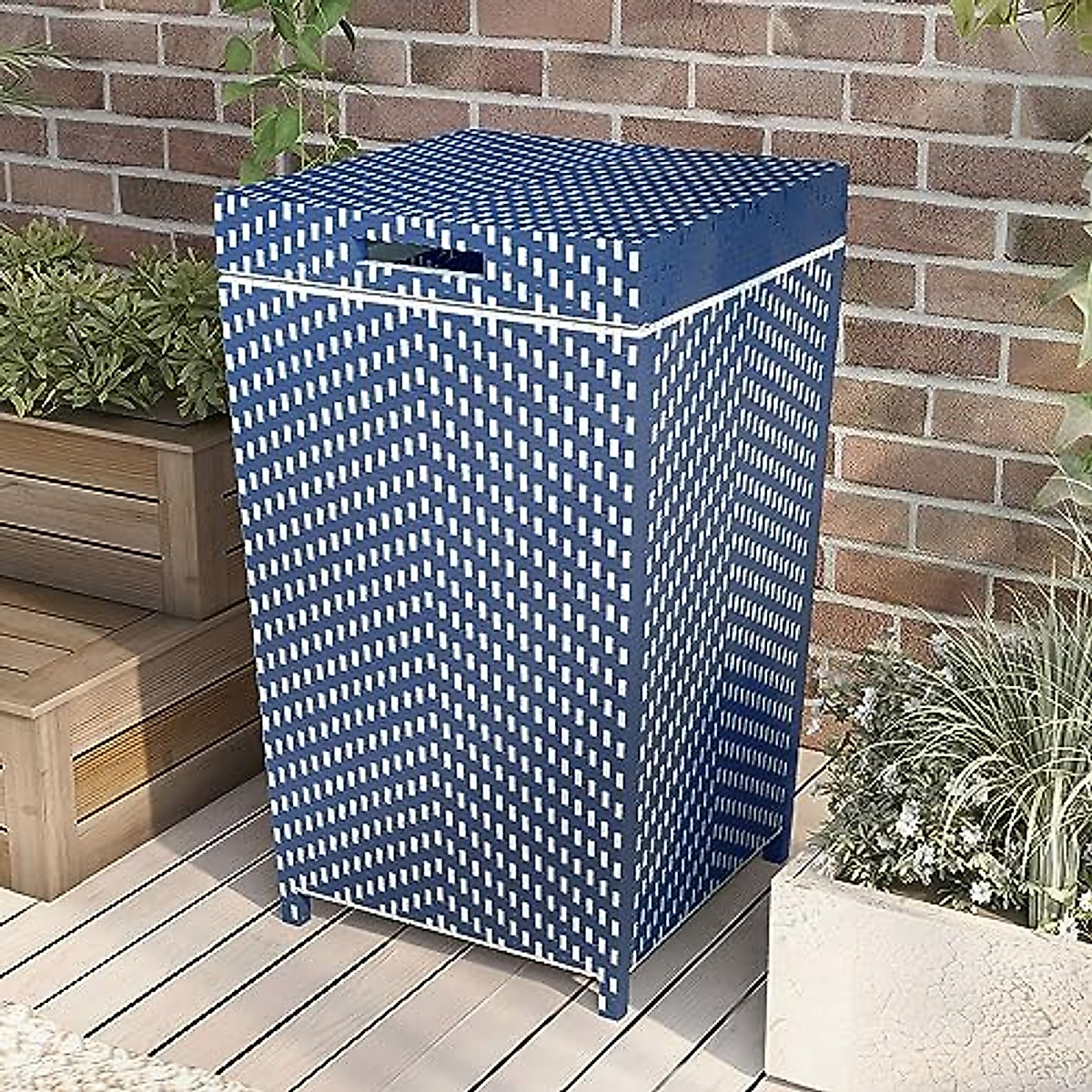 24/7 Shop at Home Locke Coastal Aluminum and All-Weather Wicker Outdoor Trash Can with Lid for Outdoor, Patio, Pool Area, Garden, Navy Blue and White