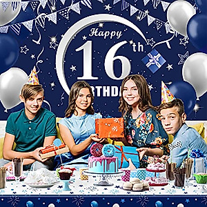 Navy Blue 16th Birthday Decorations for Boys and Girls, Happy 16th Birthday Backdrop, Tablecloth, Balloons Garland Arch Kit - 16th Birthday Banner Party Supplies Bday Decor for Sweet 16 Year Old Teen