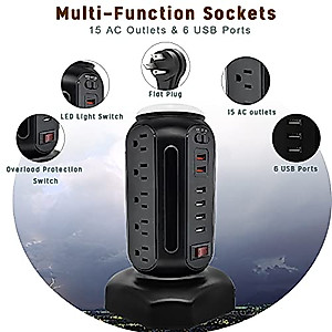 Tower Surge Protector Power Strip, Extension Cord with Multiple Outlets, 15 Outlets 6 USB Ports, Charging Station with Surge Protection, Such as laptops, Phones, Tablets, TV, Printers, smartwatch.
