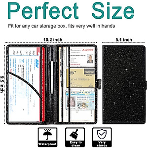RSAquar unisex Car Registration and Insurance Holder, Vehicle Glove Box Organizer Cool Car Accessories, Car Document Holder for Cards, Driver License and Essential Document, Black Glitter