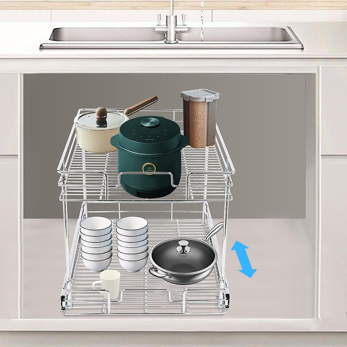 Vintoro Cabinet Organizer,Kitchen Helper,Pull Out Cabinet Organizer,Sink Organizer and Storage,2-Tier Cabinet Pull Out Shelves,for Bathroom,Laundry Room,Kitchen,Pantry(Silver,21.5 * 16.5 * 15in)