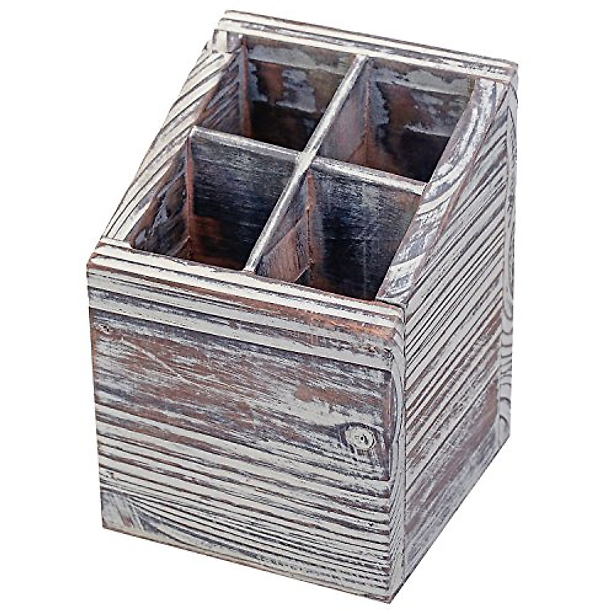 MyGift Square Torched Brown Wood Pencil Cup Pen Holder for Desk with 4 Compartments and Slanted Design, Desktop Office Supplies Storage Box Organizer Bin
