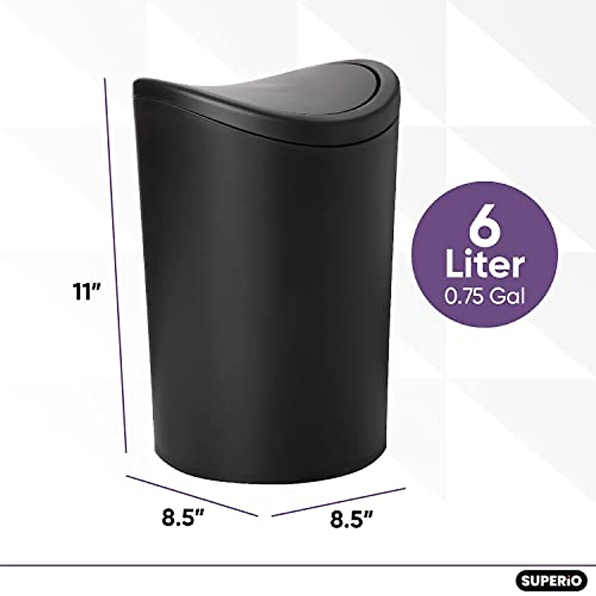 Superio Small Plastic Bathroom Trash Can with Lid 6 Liter, Black Mini Waste Bin 0.75 Gallon, Modern Flat Lid Step On Trash Can with Foot Pedal, Bathroom, Bedroom, Office, Under Desk, Soft Close