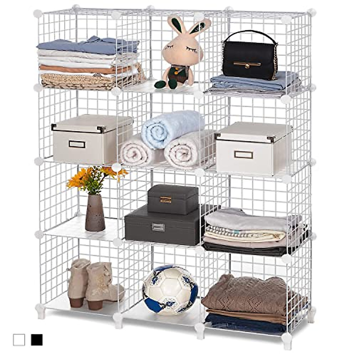 ANWBROAD Wire Cube Storage Organizer 12 Cube Metal Grids Shelves Storage Bins Shelving Stackable Modular Bookshelf Shelf Cubbies Unit Closet Cabinet for Living Room Office White LWT012T
