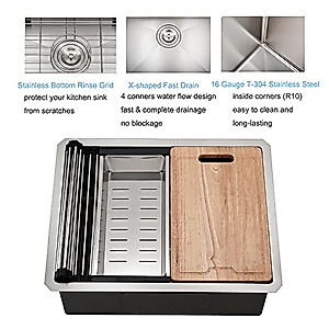 24 Inch Undermount Kitchen Sink, BoomHoze 24 x 19 Inch Stainless Steel Undermount Workstation Sink 16 Gauge Single Bowl Kitchen Sink Deep Bar Prep Sink with Accessories