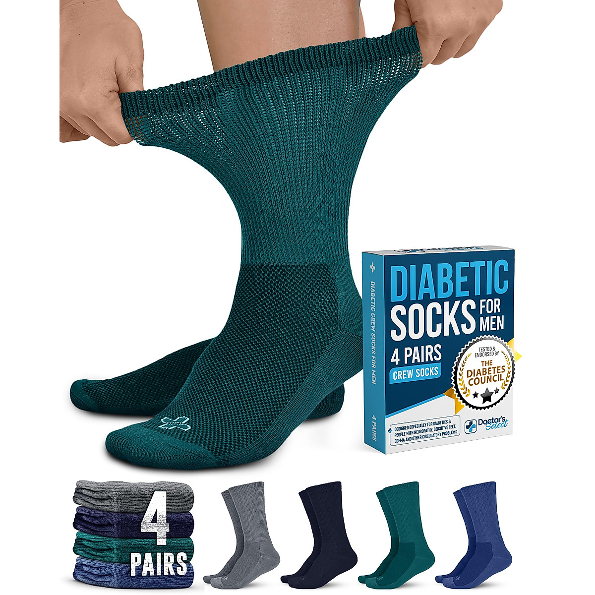 Doctor's Select Diabetic Socks for Men - 4 Pairs Crew Diabetic Neuropathy Socks for Men | Navy, Green, Blue, Gray | Non Binding Mens Diabetic Socks for Moisture Management