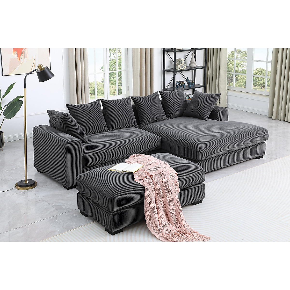 DREAMODERN 109.75'' Sectional Sofa Couch with Removable Ottoman, Luxury Upholstered Sofa Corduroy Fabric Couch with Chaise Lounge 6 Pillows for Living Room Home Office - Drak Gray