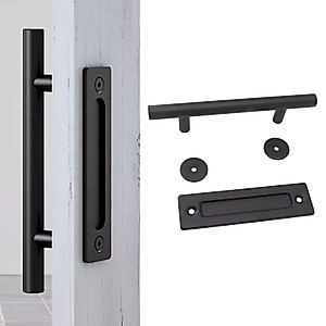Sliding Barn Door Handle, Carbon Steel Sliding Glass Door Pull Handle Black Barn Door Handle and Flush Finger Pull with Lock Hook Latch Sets for Barn Doors, Cabinet, Garages, Wardrobes