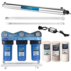 55W UV Ultraviolet Light Plus Sediment & Carbon Well Water Filter Purifier System with 3/4" Ports, 12 GPM UV Sterilizer with Bluonics Water Filter Housing System Size 4.5" x 10" Filters