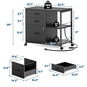 Himusi File Cabinet, Filing Cabinets for Home Office with Lock and USB Charging Port, 3 Drawer Wood File Cabinets for A4/Letter Size, Printer Stand with Storage