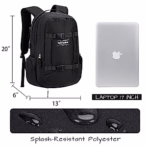 Ronyes Skateboard Backpack, Skateboard Bag,17.3 Inch Laptop Backpack with USB Charging Port, Basketball Longboard Backpack for Sports Travel Black