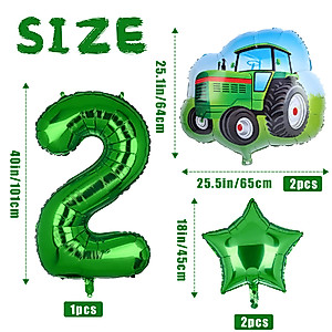 5Pcs Tractor Balloons, Green Tractor Birthday Number Mylar Foil Balloon Farm Theme 2nd Birthday Party Supplies Decor (2nd)