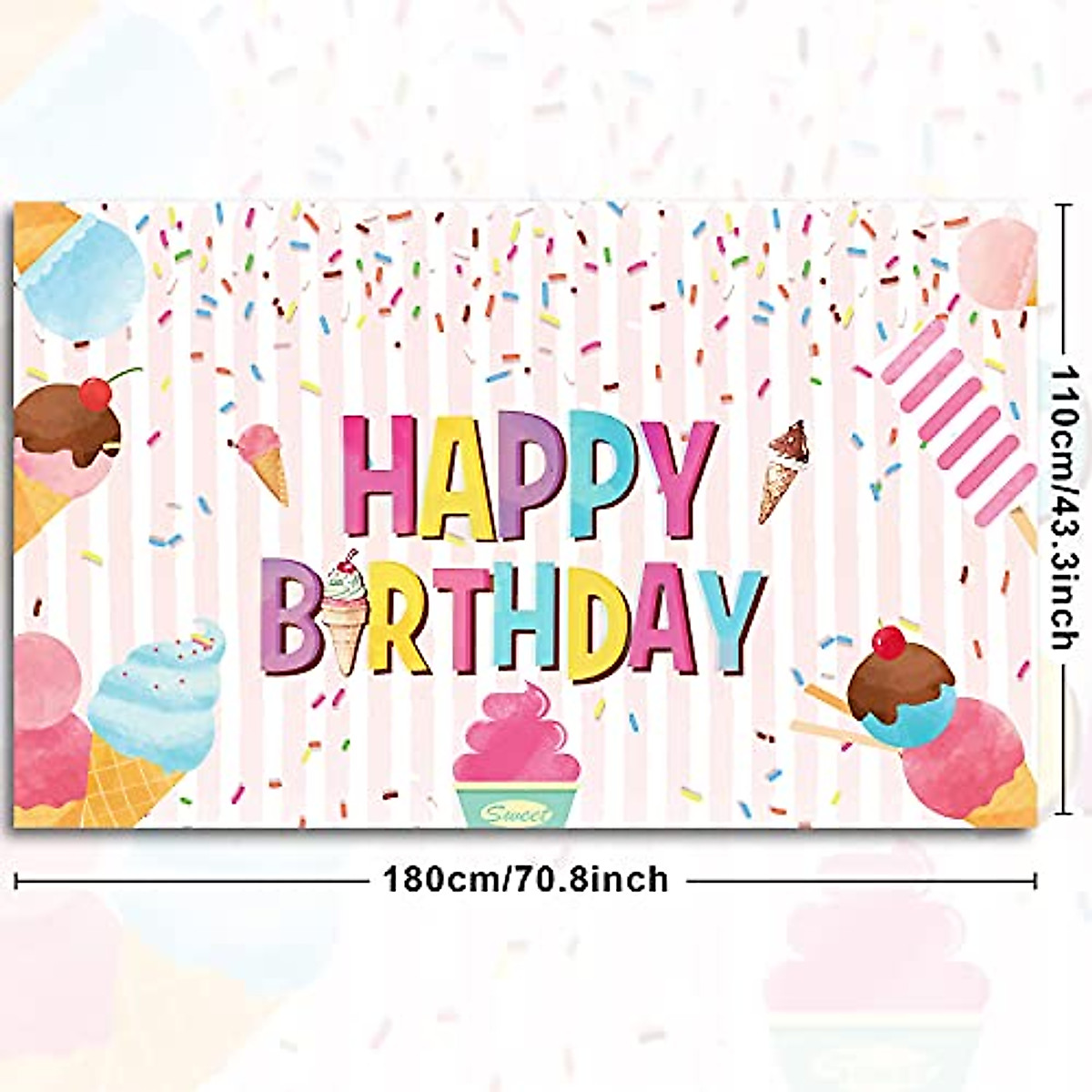 Ice Cream Birthday Party Backdrop Decorations Sweet Summer Ice Cream Party Favors for Kids Girls Boys Themed Happy Birthday Banner Baby Photography Background Photo Booth 70.8 x 43.3 inch