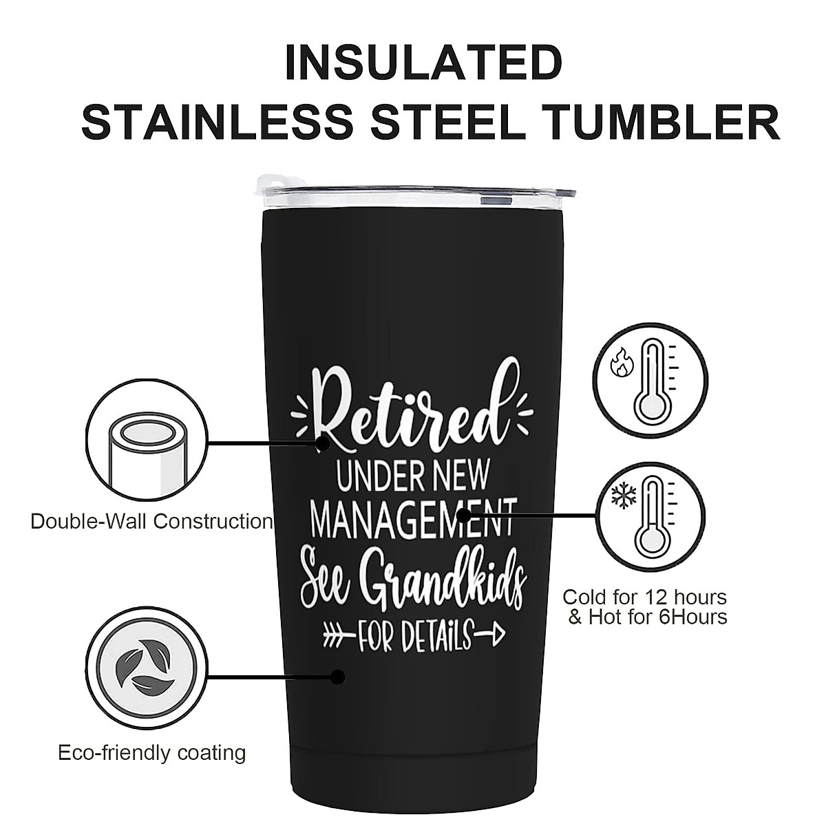 Wisedeal Retired Under New Management Stainless Steel with Lid Insulated Tumbler Coffee Mug, Retirement Christmas Birthday Gifts Mug For Grandma Grandpa Uncle Dad Mom Aunt, Black 20 Oz
