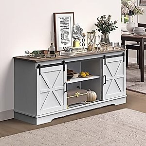 YITAHOME Kitchen Buffet Cabinet, 60“ Farmhouse Sliding Barn Door Coffee Bar Sideboard Buffet Cabinet with Capacity 300 lbs for Home Kitchen Dinning Living Room, Grey White/Grey Wash
