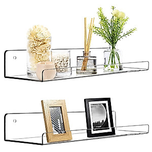 Cerpourt Acrylic Floating Wall Ledge Shelf, Clear Bathroom Storage Shelves Display,Acrylic 15" Invisible Bookshelf (2pack)