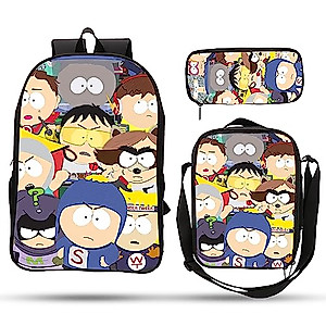 Lesome 3-Piece School Backpack,South North Park Backpack Boys Girls School Bag Back to School Supplies with Lunch Box and Pencil Case