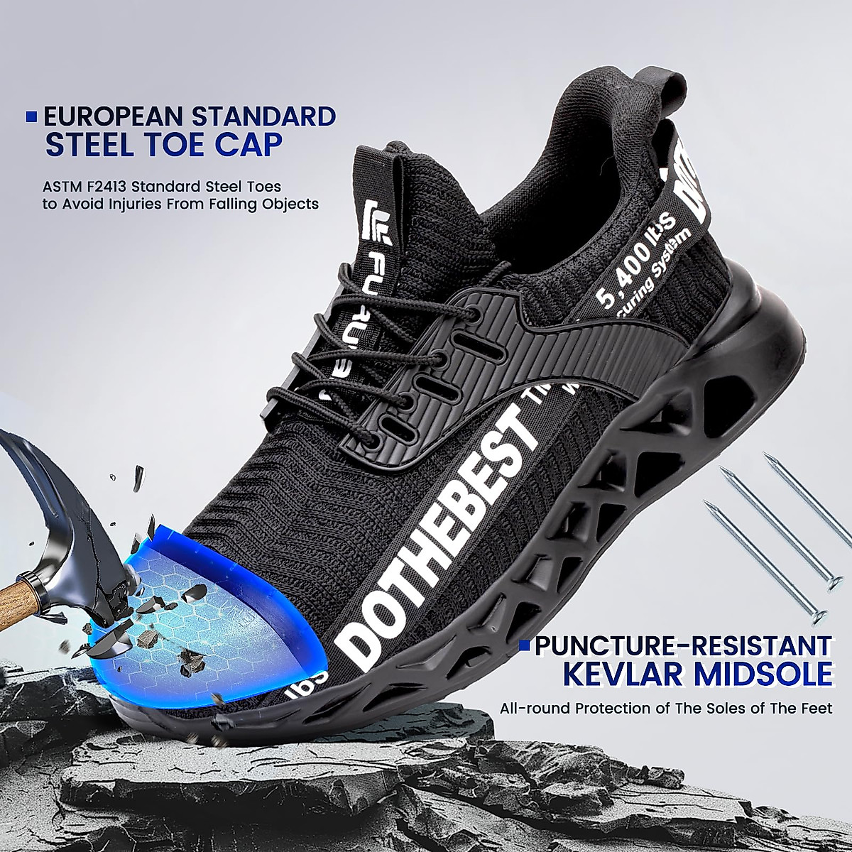 Furuian Steel Toe Shoes for Women Men Lightweight Steel Toe Sneakers for Women Puncture Proof Comfortable Safety Shoes Black