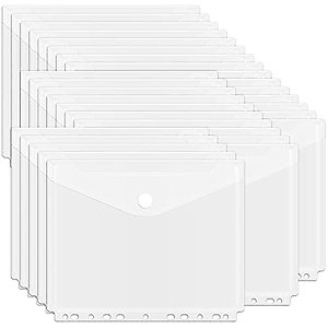 EOOUT 30Pcs Binder Pocket, Binder Organizer, 11 Holes Clear Poly Binder Envelope with Hook and Loop Closure, Plastic Binder Folders for School and Office Supplies, Letter Size