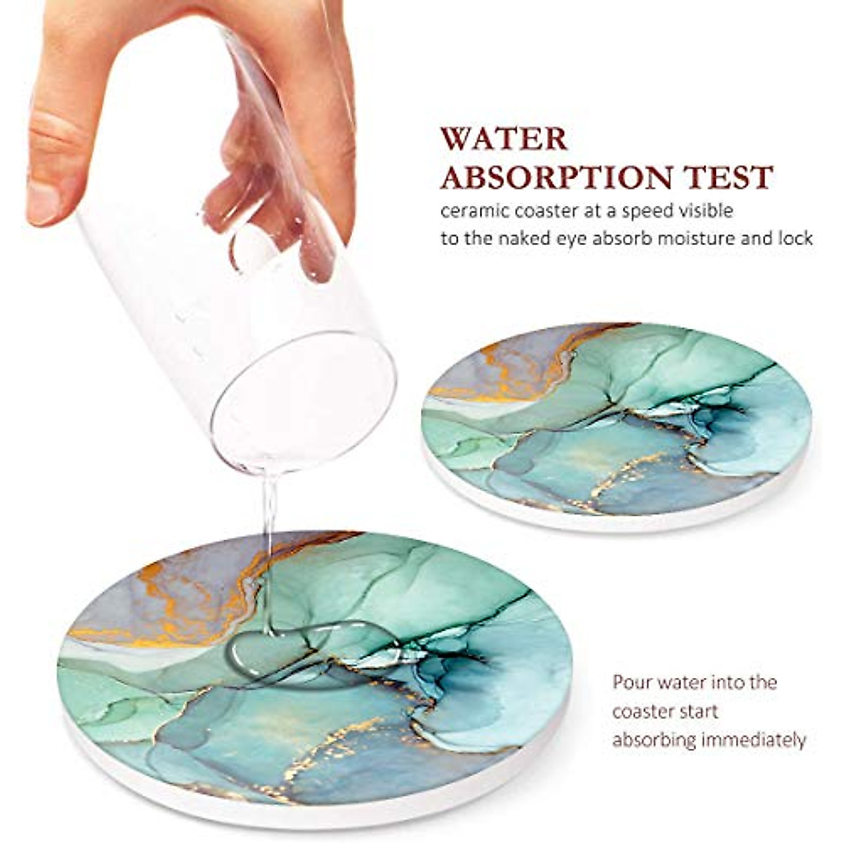 Britimes Coasters for Drinks Absorbent with Metal Holder Stand, Ceramic Stone Coaster Sets of 6, Marble Style Coaster for Coffee Wooden Table, Housewarming Gift Turquoise