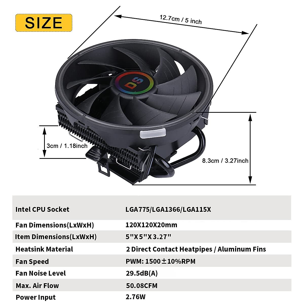 DS 120MM CPU Cooler for PC Case, Black Aluminum Extrusion CPU Cooling LED Fan for Computer Case, Compatible with Intel LGA 1366 1156 1155 766 (Static RGB Fan, C Series)