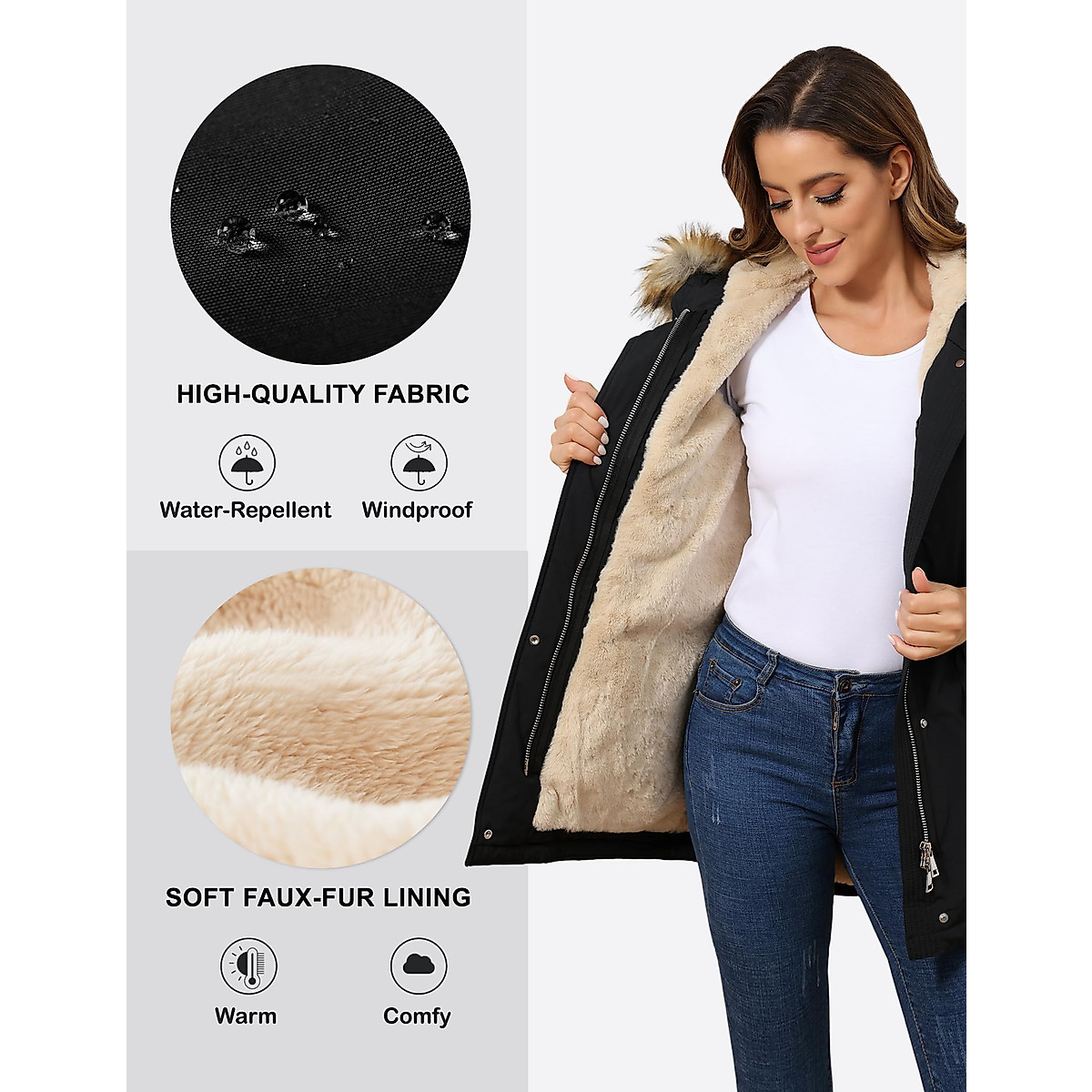 ROYAL MATRIX Women's Winter Coats Fleece Lined Parka Jacket Hooded Long Winter Warm Parka Coat with Pockets Black,8