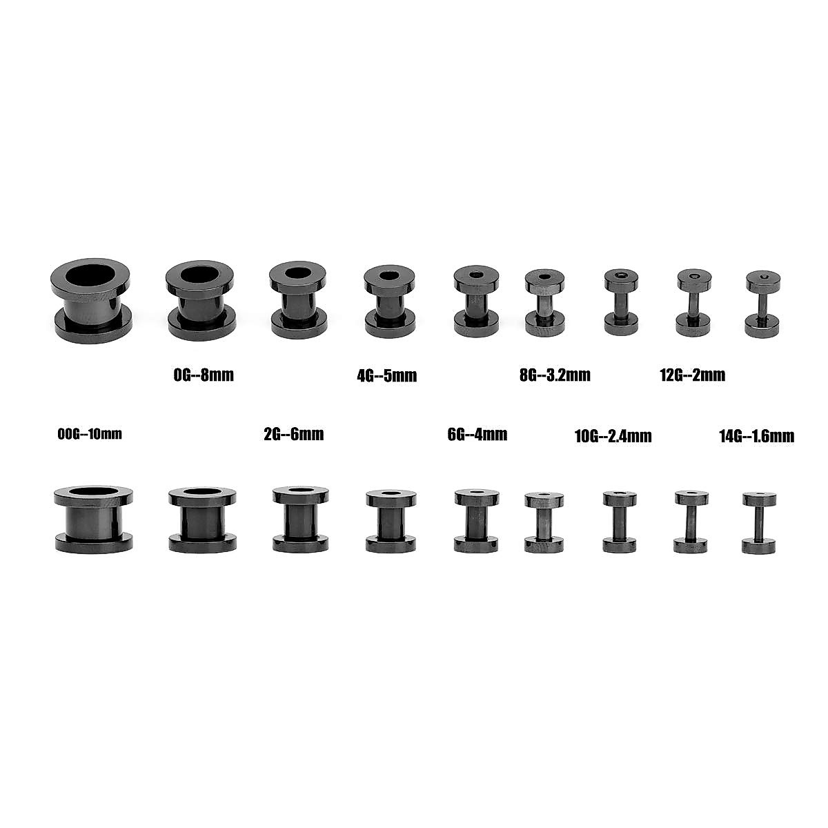 CABBE 18 pcs Ear Tunnels Kit 14G-00G Stainless Steel Screw Fit 9 Sizes Gauges Plugs Set Stretcher Expander Body Piercing Jewelry, Black