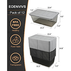 EOENVIVS 12 Packs Clear Storage Bins with Lids Stackable Shoe Boxes Storage Box with Lids For Organization, Clear Plastic Storage Containers For Closet Home Office, Smoky Grey