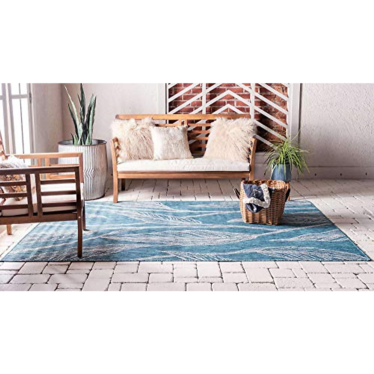 Unique Loom Outdoor Botanical Collection Area Rug - Leaf (6' 1" x 9' Rectangle, Teal/ Ivory)