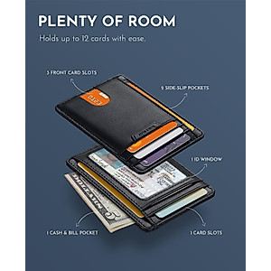 Buffway Slim Wallet for Men Women Minimalist Small Leather Front Pocket Wallets with RFID Blocking and Gifts Box - Bassa Black