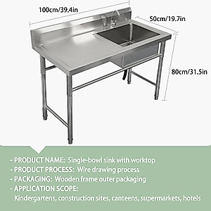 Commercial Stainless Steel Worktop with Sink,Stainless Steel Utility Sink,Free Standing Single Bowl Kitchen Sink Set Water for Farmhouse, Bathroom,Bar,Laundry Room,Adjustable Feet