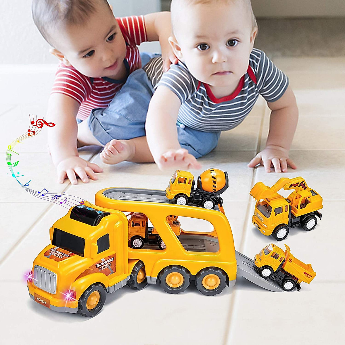 Construction Truck Toys Set for 1 2 3 4 Years Old Toddlers Kids Boys and Girls, Car Carrier Vehicle Set Toy with Sound and Light, Vehicles Transport Truck Carrier Toy, Crane Mixer Dump Excavator Toy