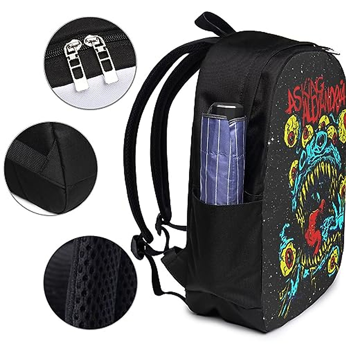 Qcosjeem Asking Rock Band Alexandria Backpack,unisex casual book bags,external usb interface,earphone cable interface,label.traveling backpack suitable for laptop Fashion usb Backpack