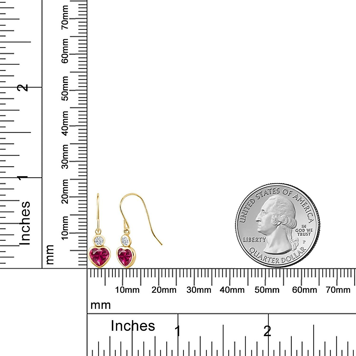 Gem Stone King 14K Yellow Gold Red Created Ruby and White Zirconia Drop French Wire Earrings For Women (1.42 Cttw, Gemstone July Birthstone, Heart Shape 5MM, Round 3MM)