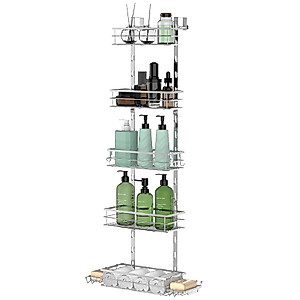 Over the Door Shower Caddy, 5-Tier Adjustable Hanging Shower Organizer Rustproof Metal Bathroom Storage Shelf Shower Basket with Soap Holder & Suction Cup for Shampoo, Conditioner, Sliver