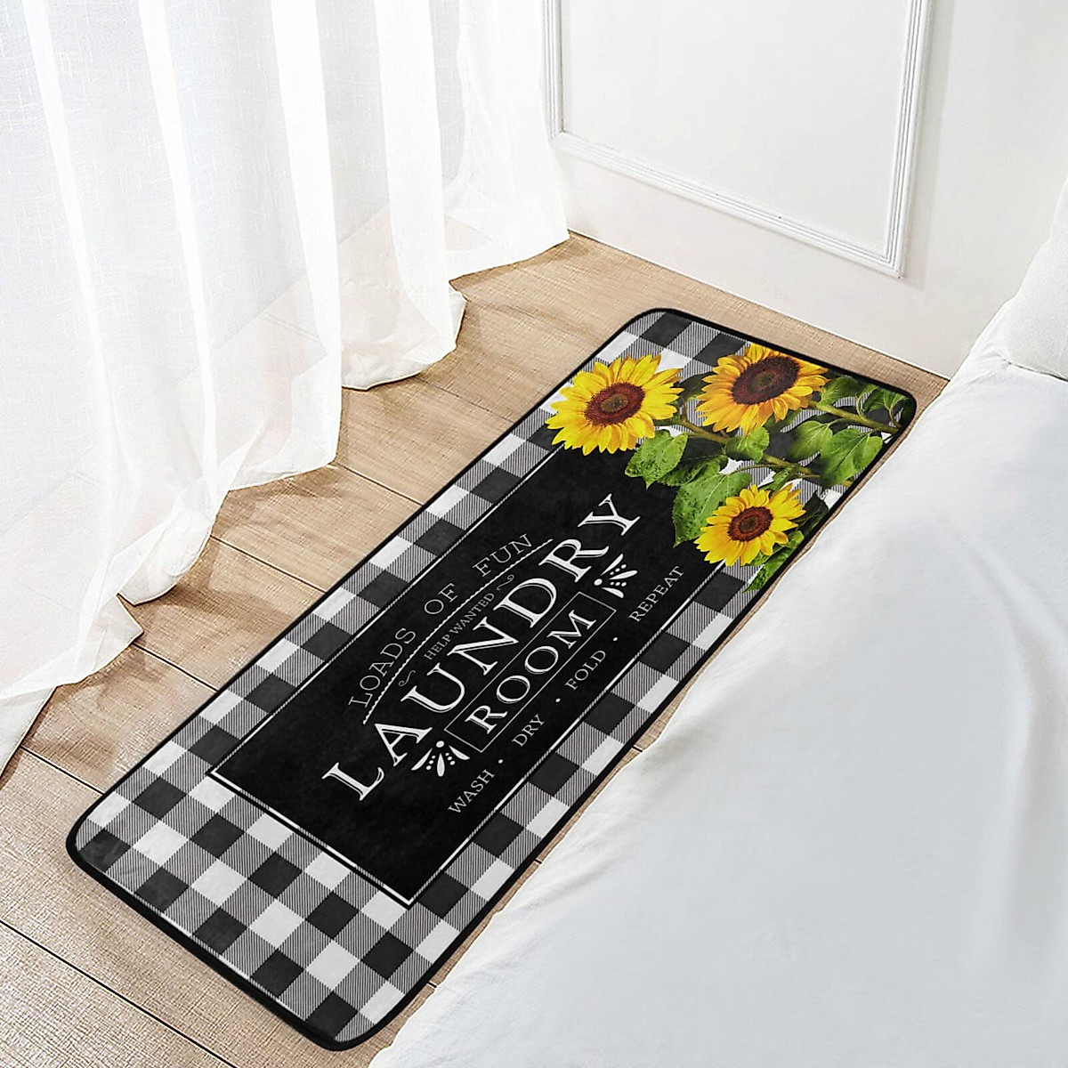 Black White Buffalo Plaid Laundry Room Rugs Sunflower Non Slip Laundry Mats Farmhouse Kitchen Floor Mat Bathroom Laundry Room Decor Accessories 39" X 20"