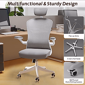 SICHY AGE Ergonomic Office Desk Chair, Home Mesh Office Desk Chairs with Wheels, High Back Office Chair with Flip-Armrest & Cushion for Lumbar Support, Office Chair for Study and Work, Gray