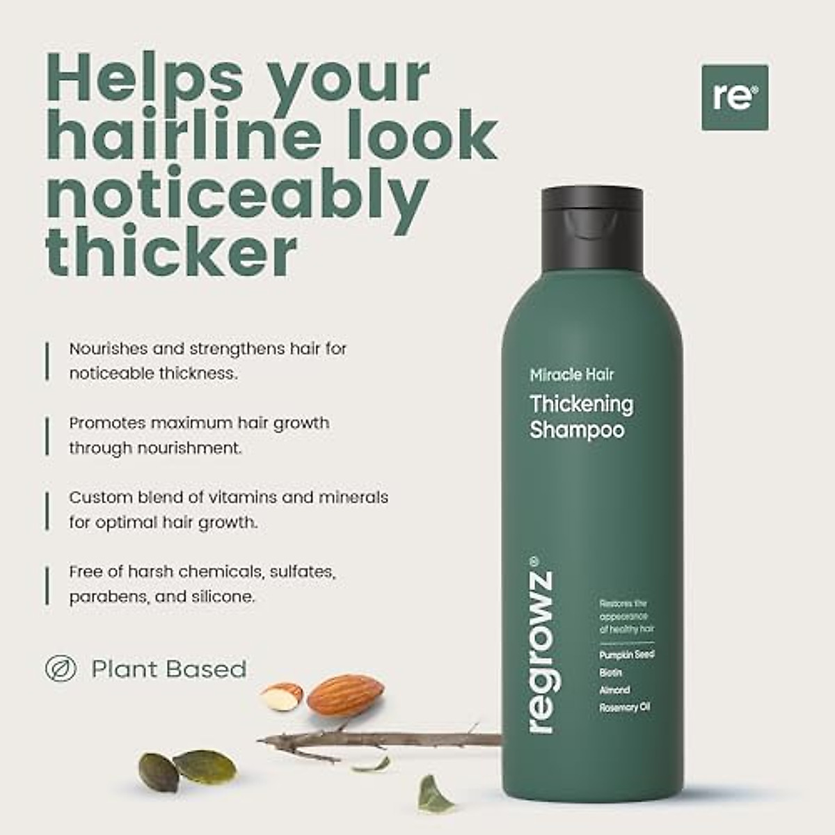 Regrowz Hair Thickening Shampoo for Natural Hair Growth - 7.6oz - Hair Growth Treatment for Men & Women for Thinning & Dry - DHT Blocker - Infused with Biotin, Saw Palmetto & Rosemary Oil