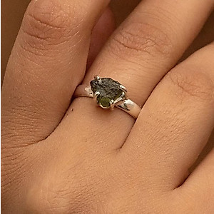 Natural Moldavite Rough Ring 925 Sterling Silver Handmade Jewelry With Certified Gemstone From Czech Republic By CrownJewelry (7.5)