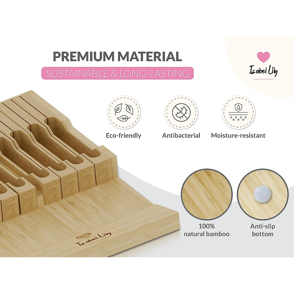 Isabel Lily - Bamboo Kitchen Knife Holder for Drawer | Organize 8 Short and 8 Long Knives and 1 Sharpener | Anti-Slip Surface | Includes Microfiber Cloth