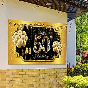 Happy 50th Birthday Backdrop Banner, Extra Large Fabric Black Gold 50 Anniversary Sign Poster 50th Birthday Party Backdrop Background Banner for Men Women 50th Birthday Party Decorations Supplies