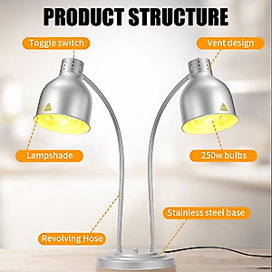 FRYPLS Food Heat Lamp,500W Commercial Grade Adjustable 2-Head Warmer Warming Light with 3- Bulbs,Stainless Free-Standing Catering Heating Lamp for Kitchen Cafeteria Restaurant Buffet