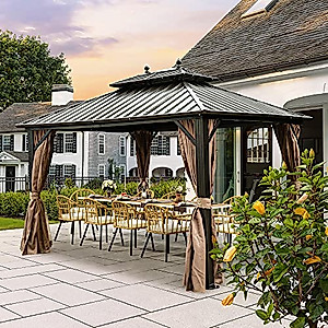 YITAHOME 10x12ft Hardtop Gazebo with Nettings and Curtains, Heavy Duty Double Roof Galvanized Steel Outdoor Combined of Horizontal Vertical Stripes Roof for Patio, Backyard, Deck, Lawn (Bronze)