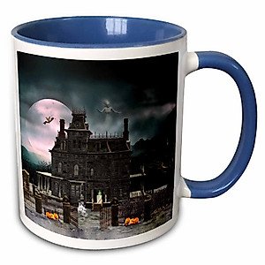 3dRose A Halloween Haunted House In The Night With Ghosts And Creatures Two Tone Mug, 11 oz, Blue,mug_181746_6