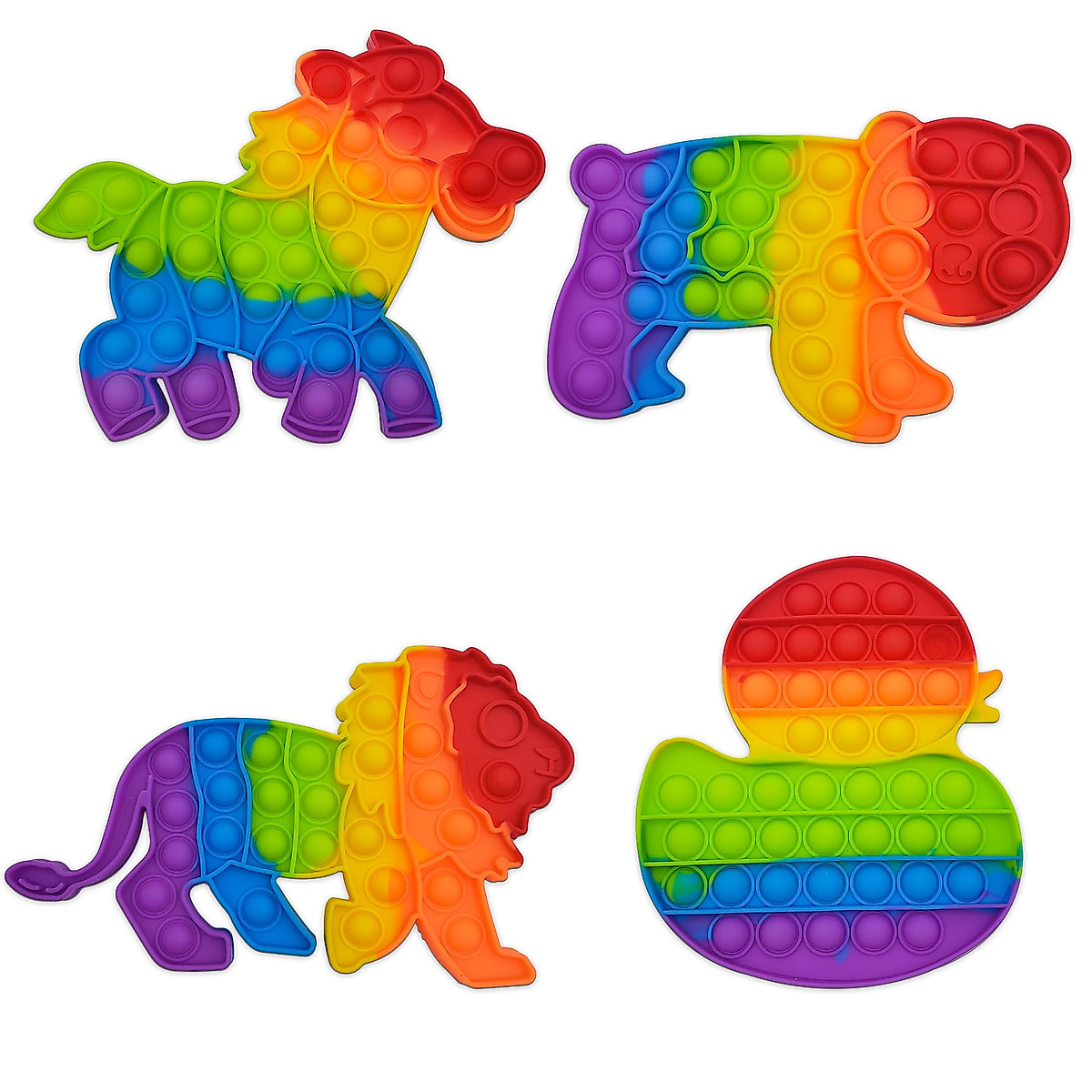 Animals Pop Fidget Toys Set, Silicone Rainbow Dinosaur Popper Fidget Set for Children, Sensory Squeeze Toys Stress Reliever Tool for Kids Adult ADHD Lion, Tiger, Horse and Duck 4 Pack