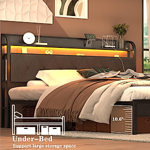 Ptsyz Bed Frame Full Size with Charging Station and LED Lights,Upholstered Headboard with Storage Shelves（Dark Grey），Noise Free，Easy Assembly，No Box Spring Needed，Sturdy and Durable.